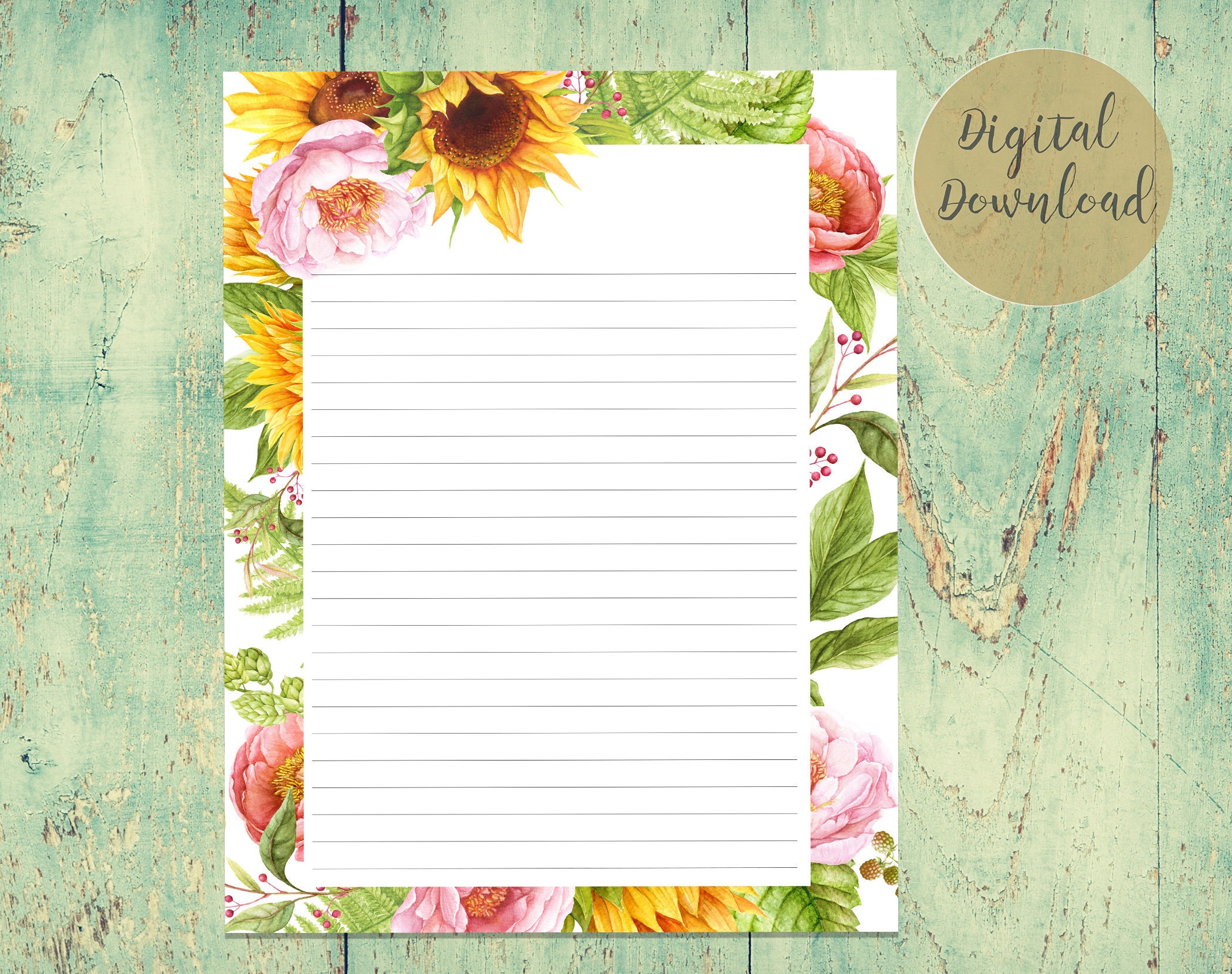 Sunflower stationery, Lined and Unlined Writing Paper, Print At Home ...