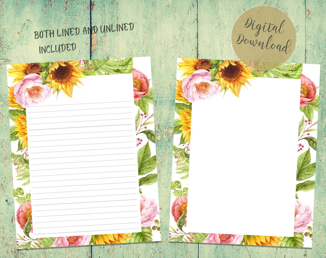 Sunflower Stationery, Lined and Unlined Writing Paper, Print at Home ...