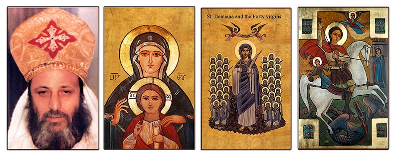 Set of 4 Icons, St. Virgin Mary, St. George, St. Demiana, Fr. Bishoy ...