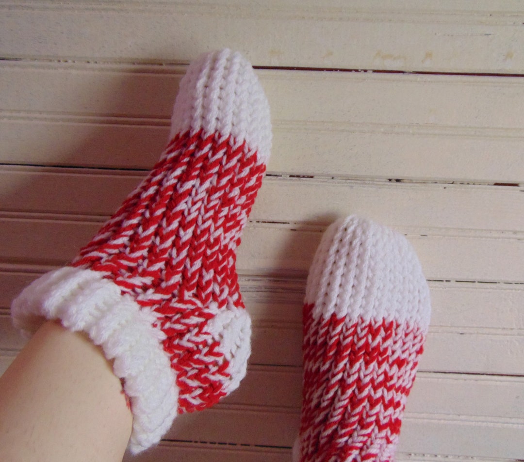 Hand Knitted "peppermint" Slipper Socks (festive, Unisex, Great Gift ...