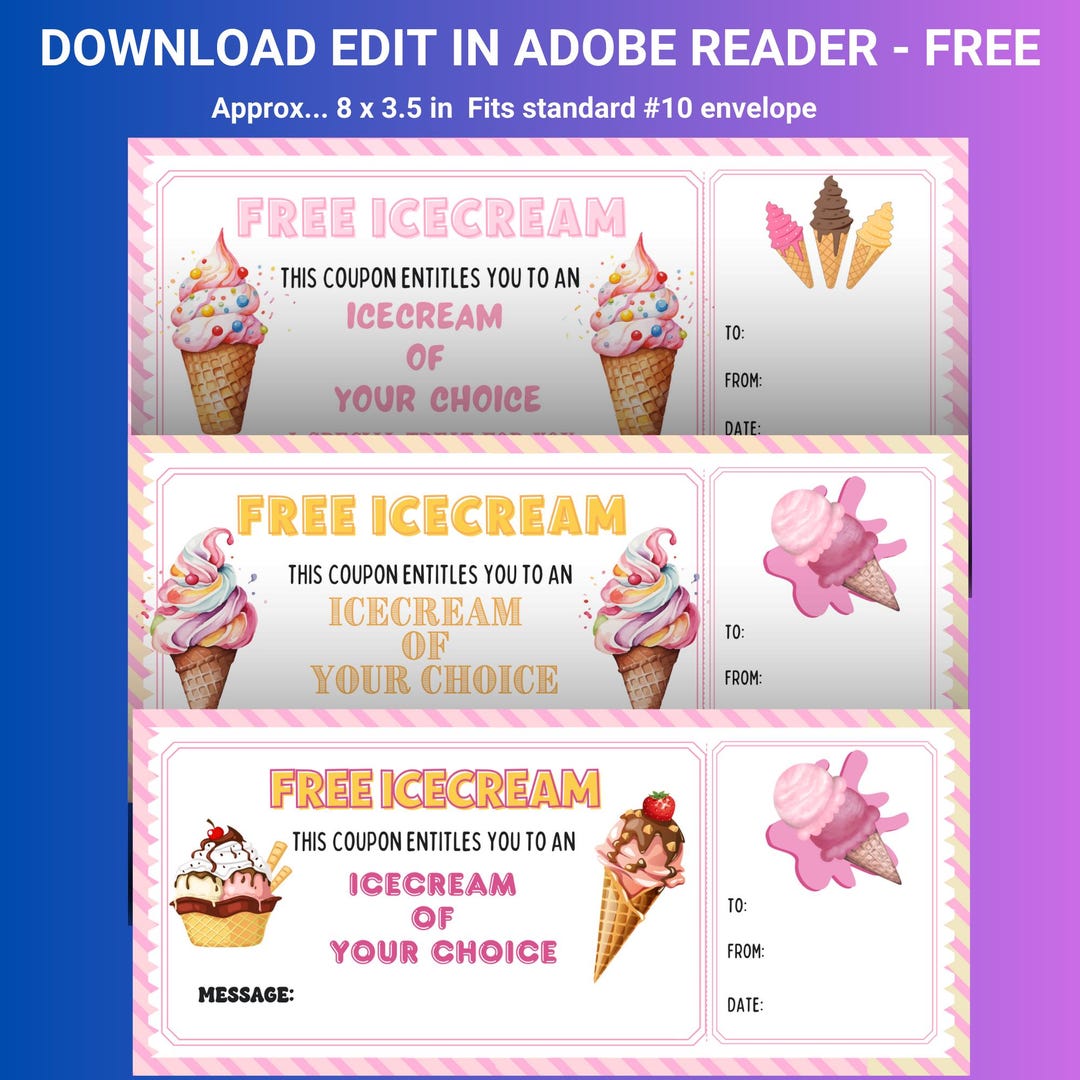 Printable Ice Cream Coupons, Ice Cream Voucher, Ice Cream Birthday, Ice ...