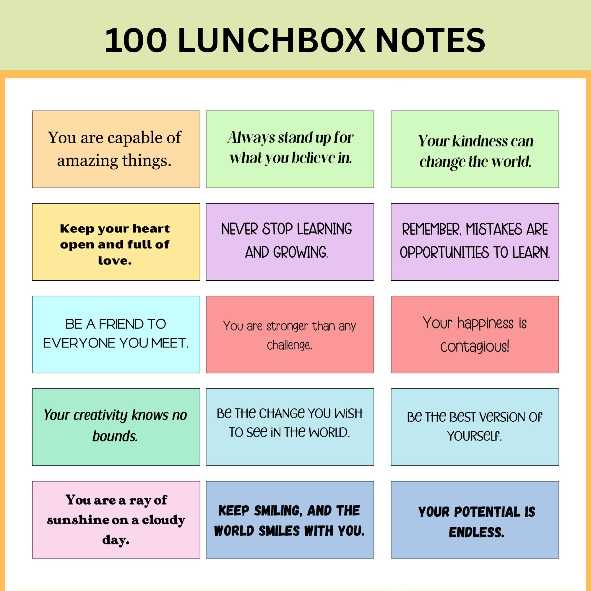 100 Printable Lunchbox Notes: Positive Affirmations for Kids (PDF) - Etsy