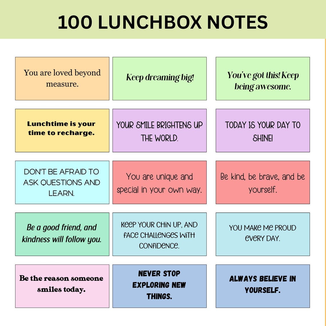 100 Printable Lunchbox Notes: Positive Affirmations for Kids (PDF) - Etsy