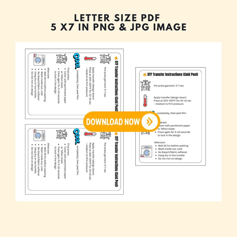 DTF Transfer Care Instructions Card: Printable PNG, JPG (digital ...