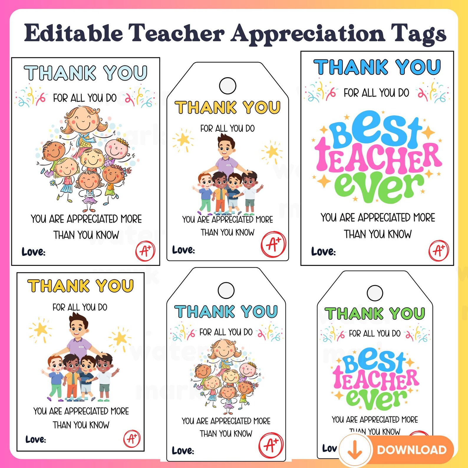 Editable Teacher Appreciation Week Gift Tags, Thank You Teacher Gift Tag, School Party Favor ...