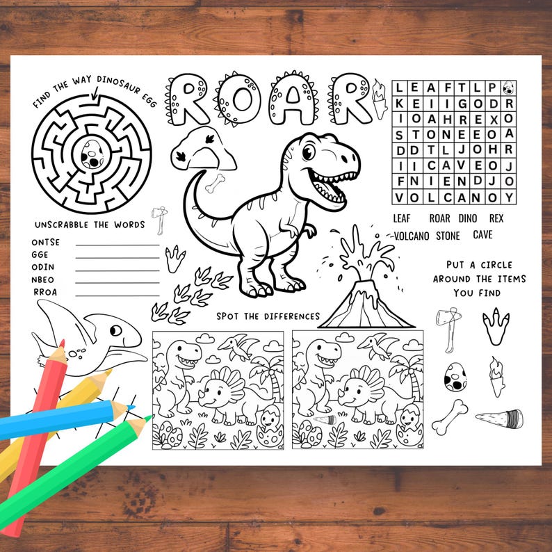 Dinosaur Activity Placemat: Kids' Coloring & Puzzle Sheet (digital ...