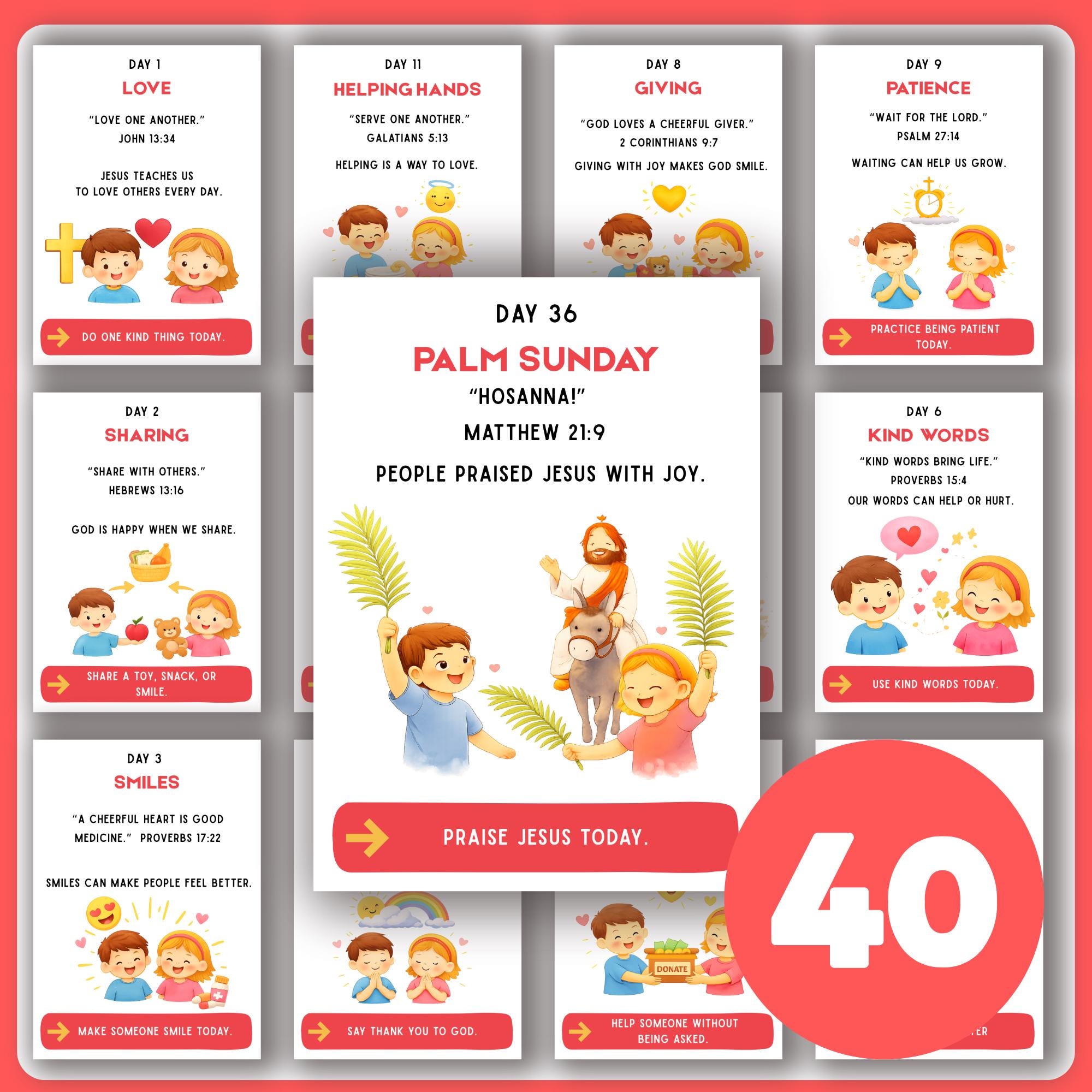 40 Days Lent Calendar for Kids | Bible Verse Easter Countdown Cards ...