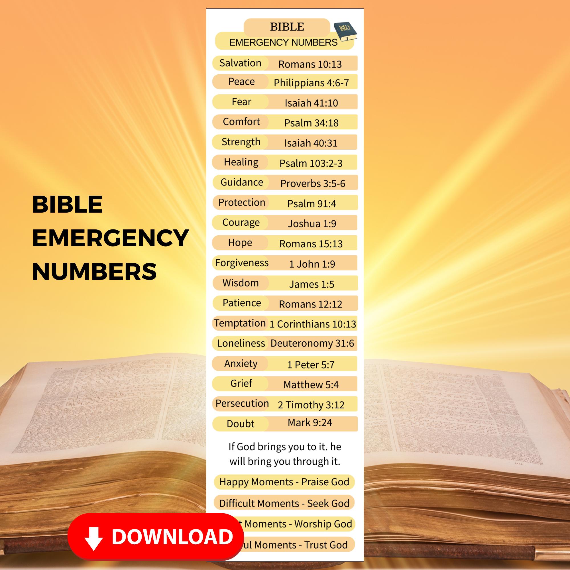 Bible Emergency Numbers Bookmark Printable, Emergency Bible Verse ...