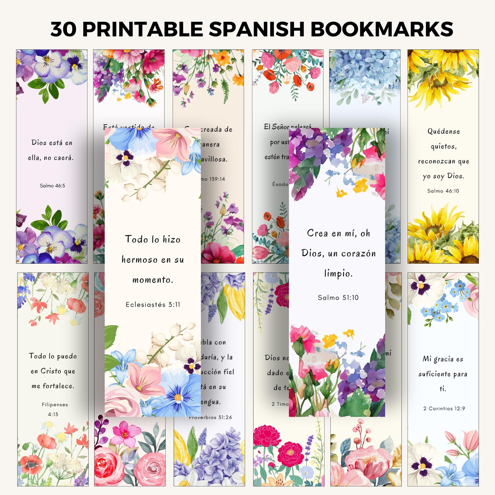 Spanish Bible Verse Bookmarks, Printable Christian Bookmark Set, Floral ...
