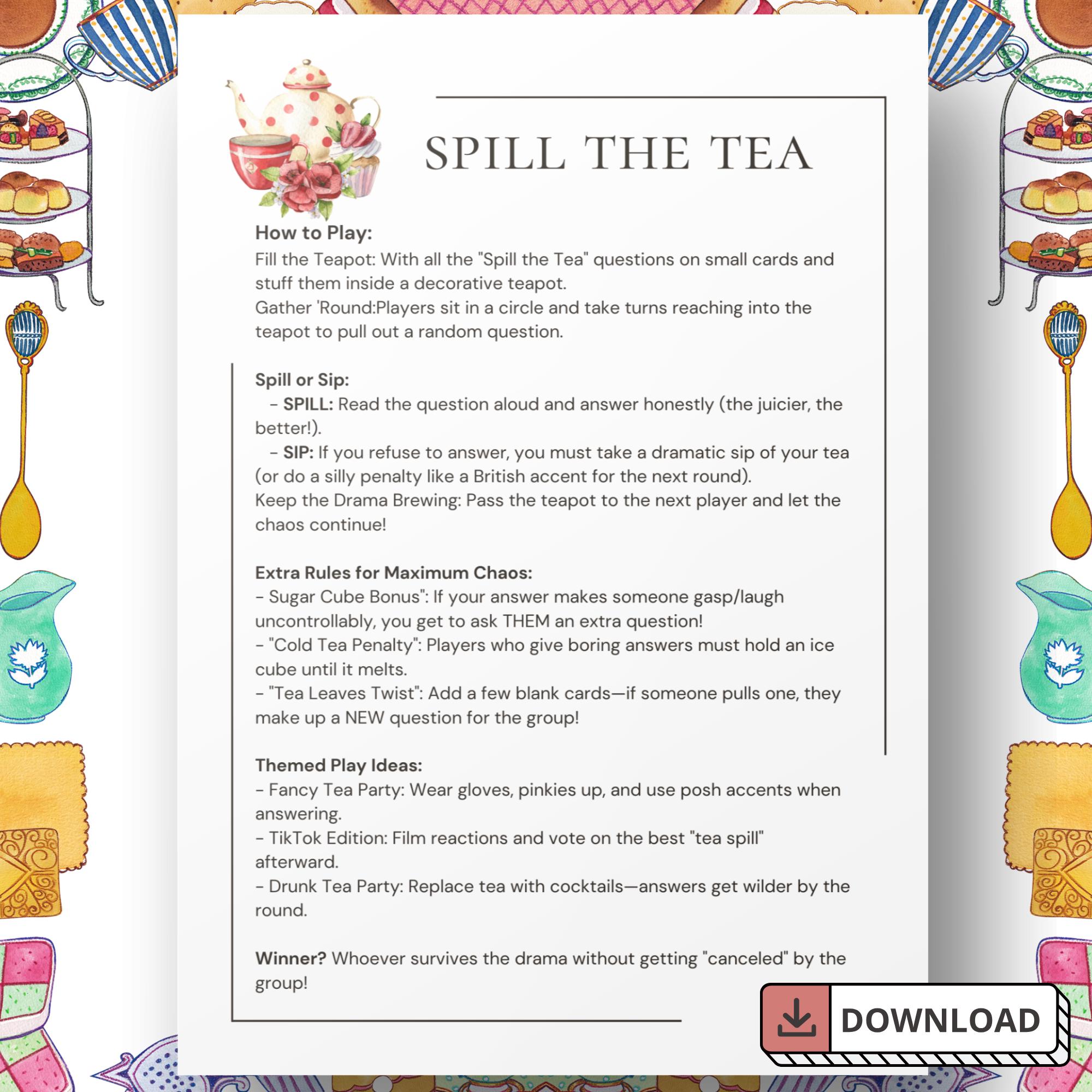 Spill the Tea Game, Tea Party Game Printable, Adult Tea Party Game, Tea ...