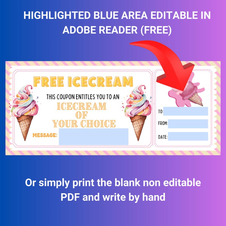 Printable Ice Cream Coupons, Ice Cream Voucher, Ice Cream Birthday, Ice ...