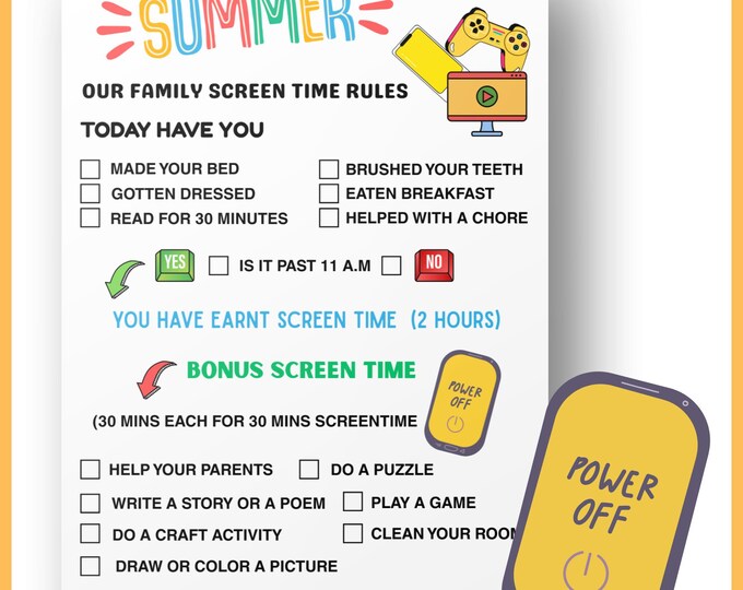 Summer Screen Time Rules - Printable Kids Checklist - Daily Chore ...