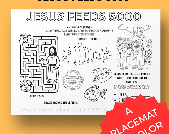 Jesus Feeds 5000 - Loaves Fishes Coloring Placemat - Bible Story ...
