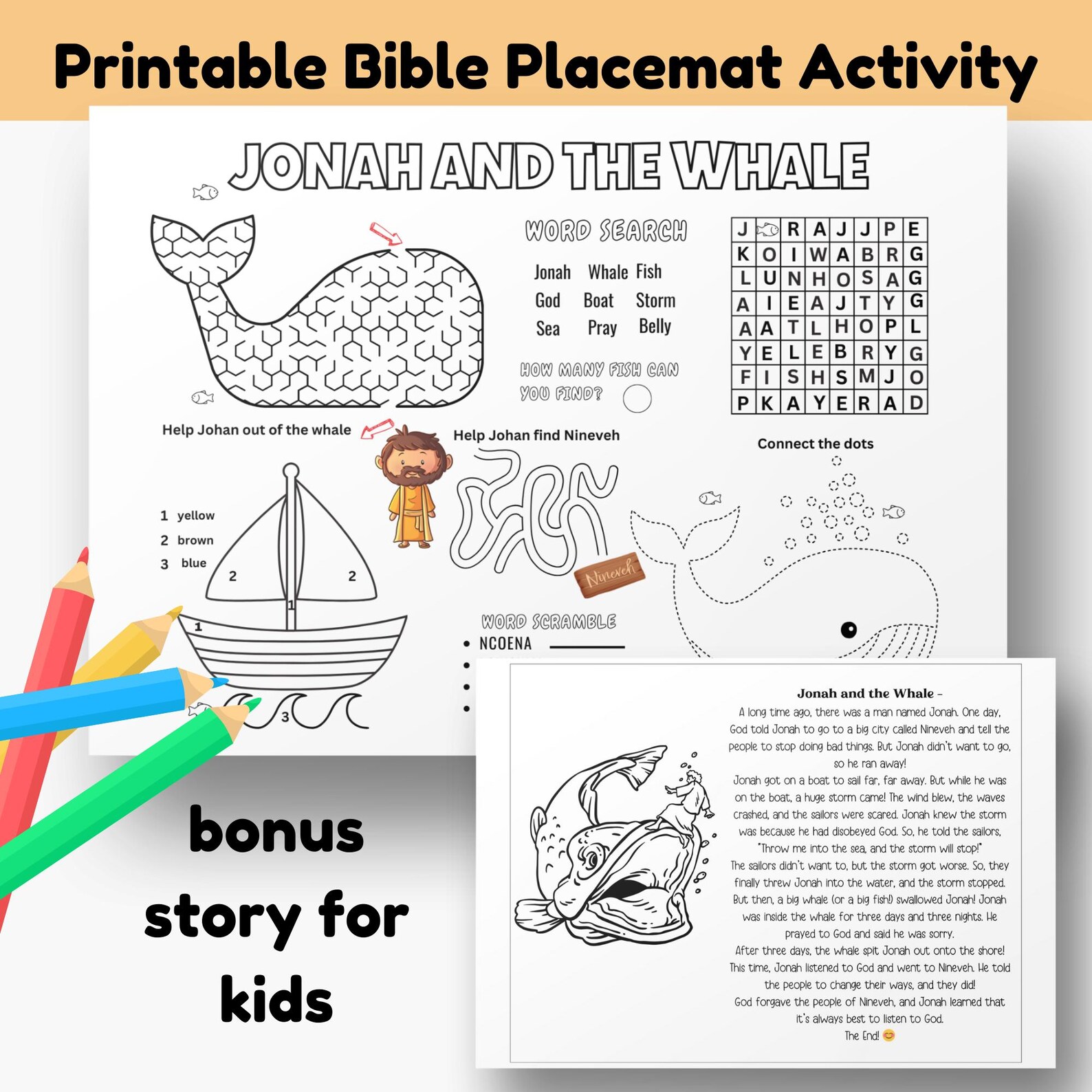 Jonah and the Whale Activity Placemat: Bible Story Coloring Page (PDF ...