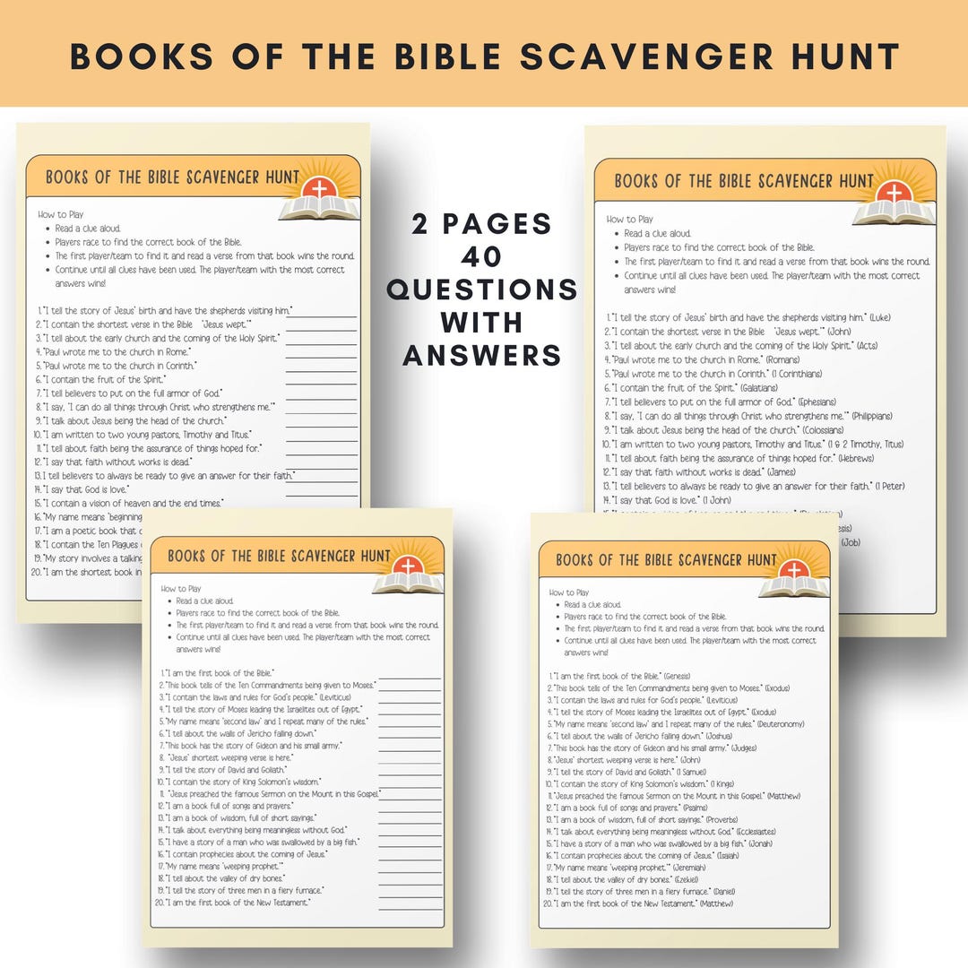 Books of the Bible Scavenger Hunt Game - Printable Sunday School Church ...