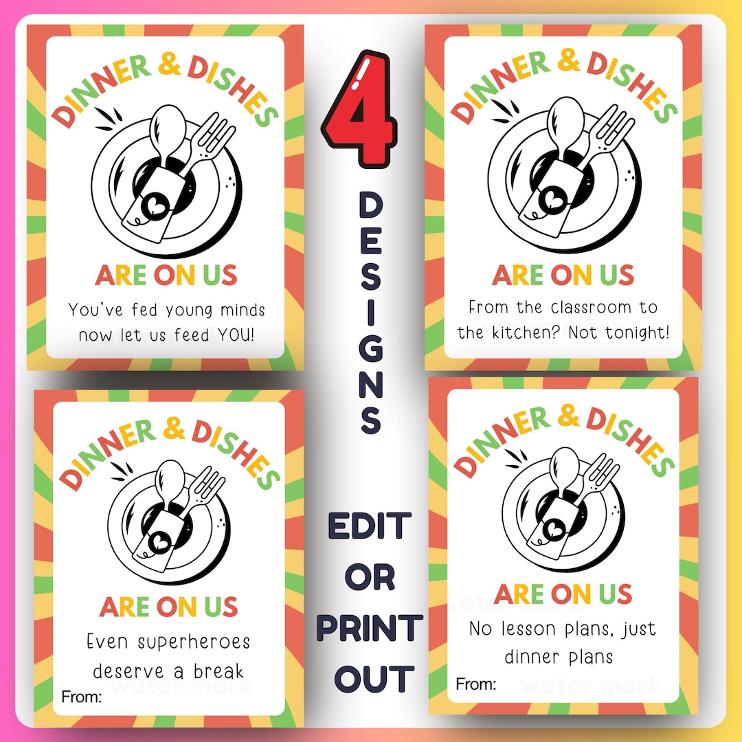 Printable Teacher Dinner and Dishes Gift Tag | Staff Appreciation End ...