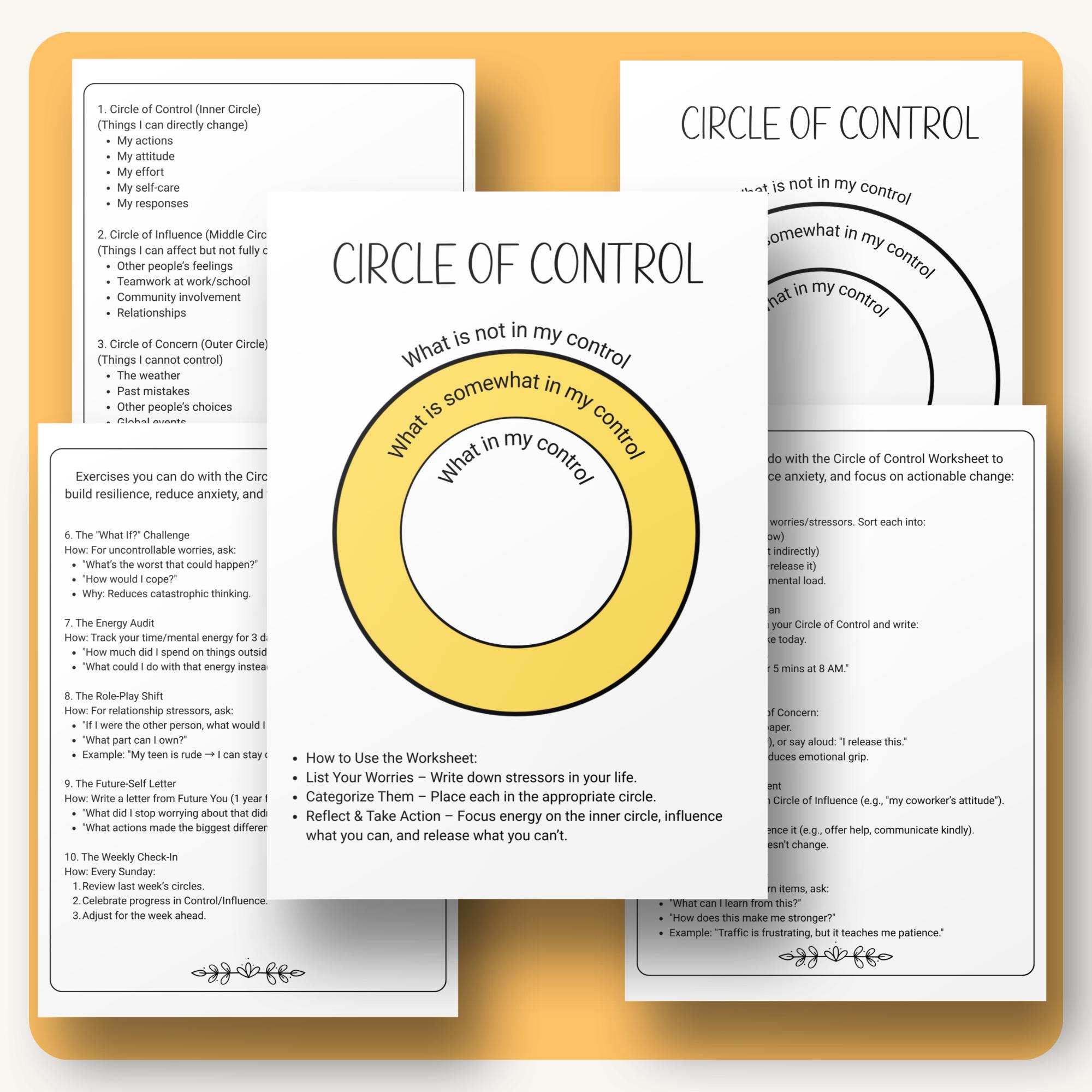 Circle Control Worksheet, Printable Therapy Tools for Anxiety Relief ...