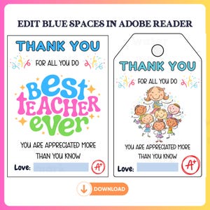 Editable Teacher Appreciation Week Gift Tags, Thank You Teacher Gift ...