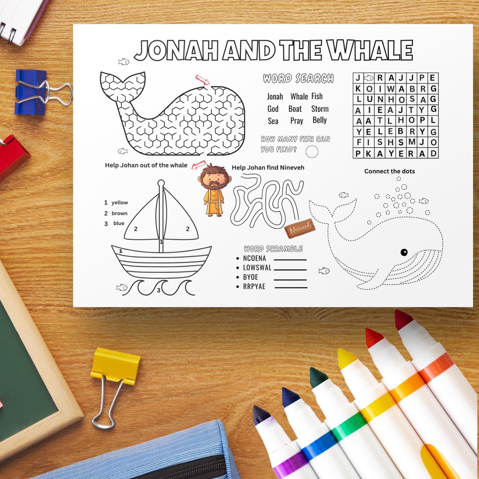 Jonah and the Whale Activity Placemat: Bible Story Coloring Page (PDF ...