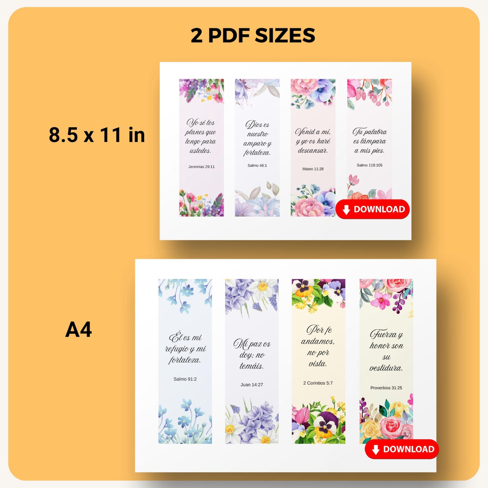 Spanish Bible Verse Bookmarks, Printable Christian Bookmark Set, Floral ...