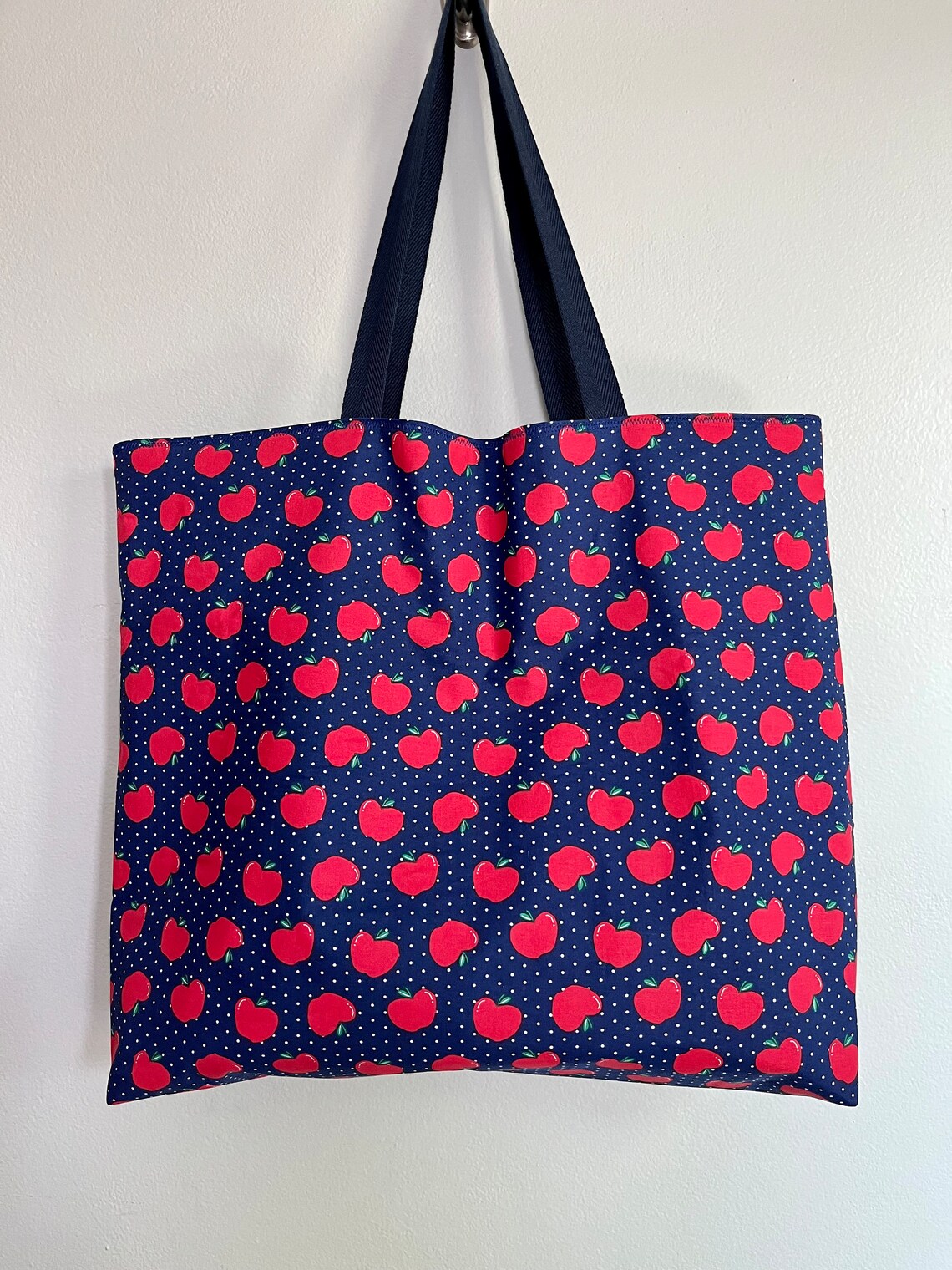 Red Apple Polka Dot Tote Bag: Navy Blue Cotton Book Bag - Etsy