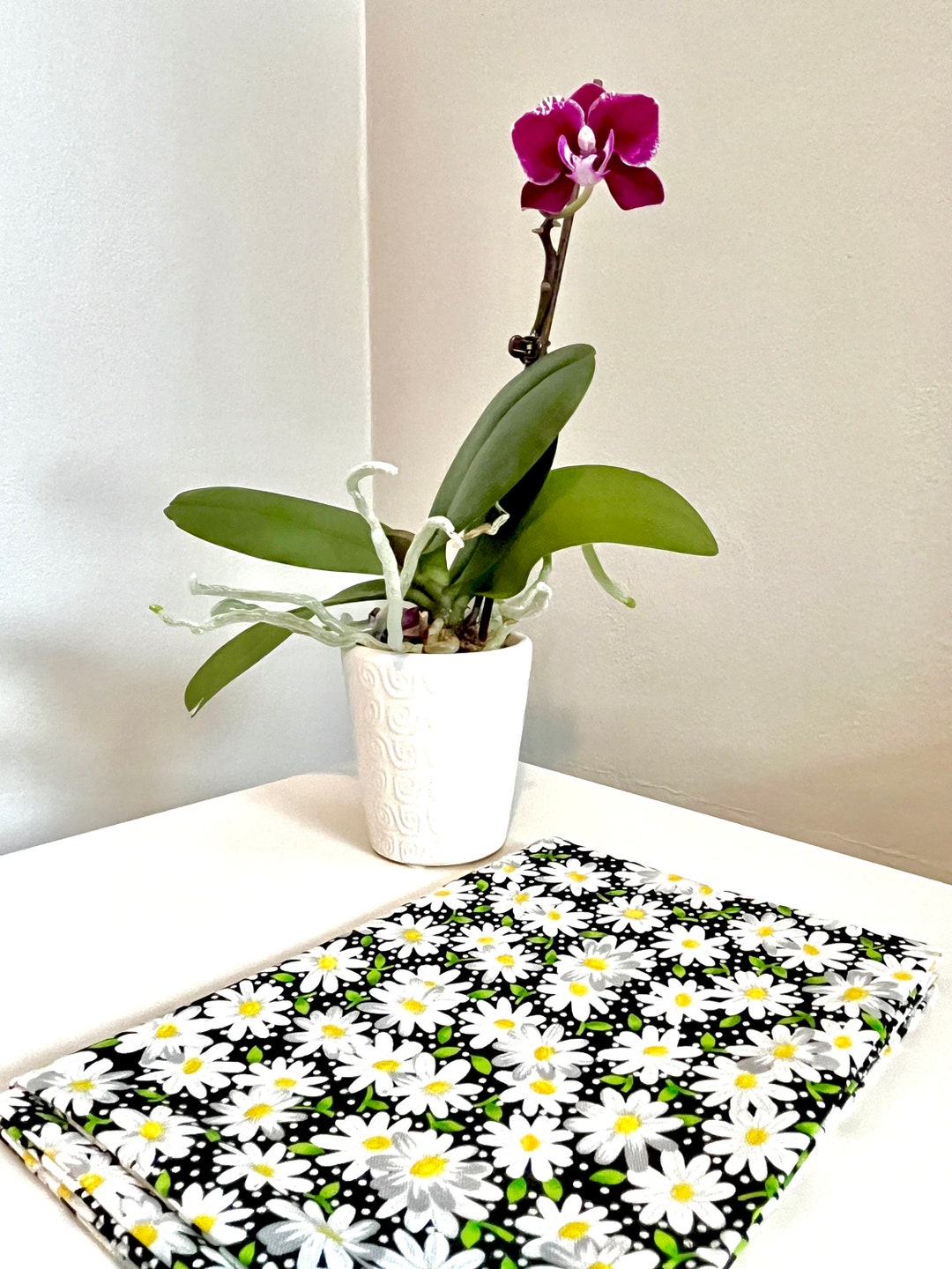 Handmade Daisy Patterned Cotton Handkerchief: Black, White & Gold - Etsy