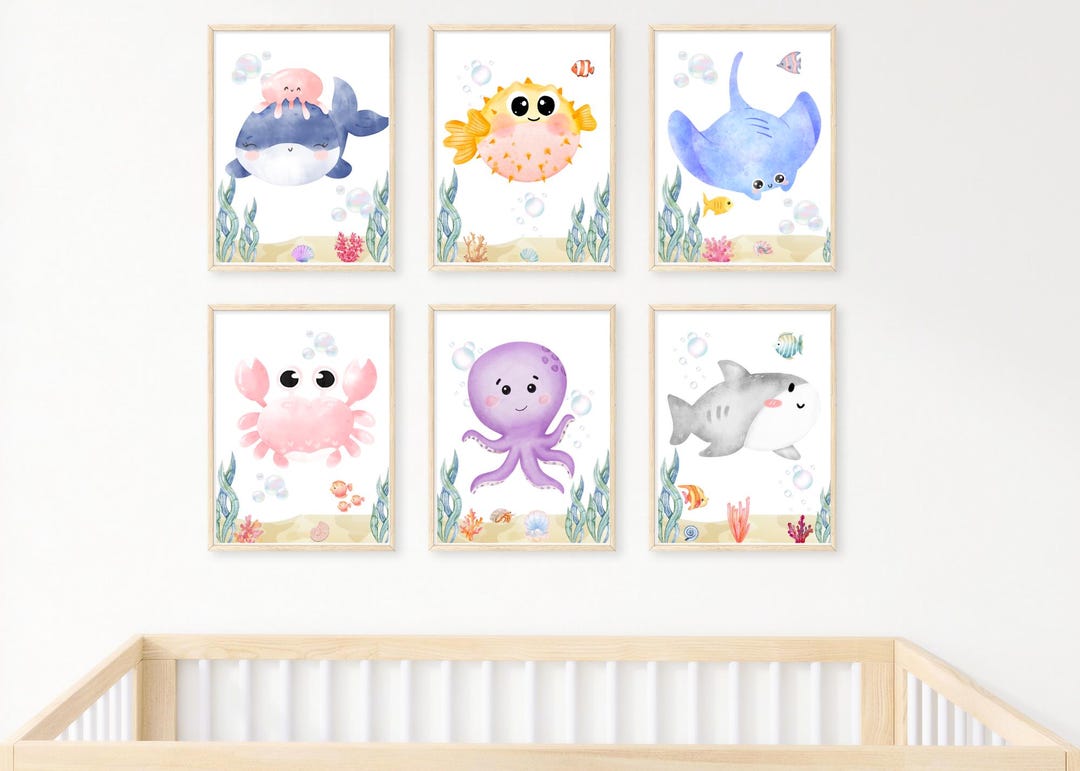 Set of 6 Nursery Sea Animals | Digital Wall Art | Digital Prints | Baby ...