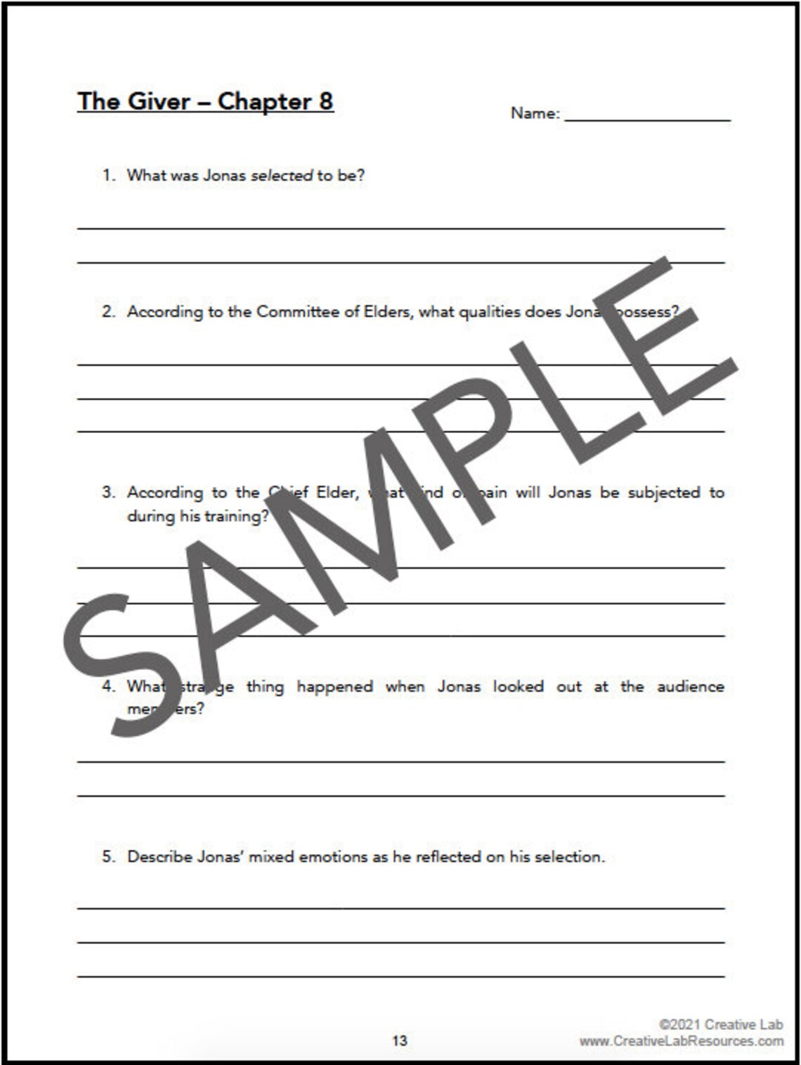 THE GIVER - Book Chapter Comprehension Questions & Answers // Printable ...