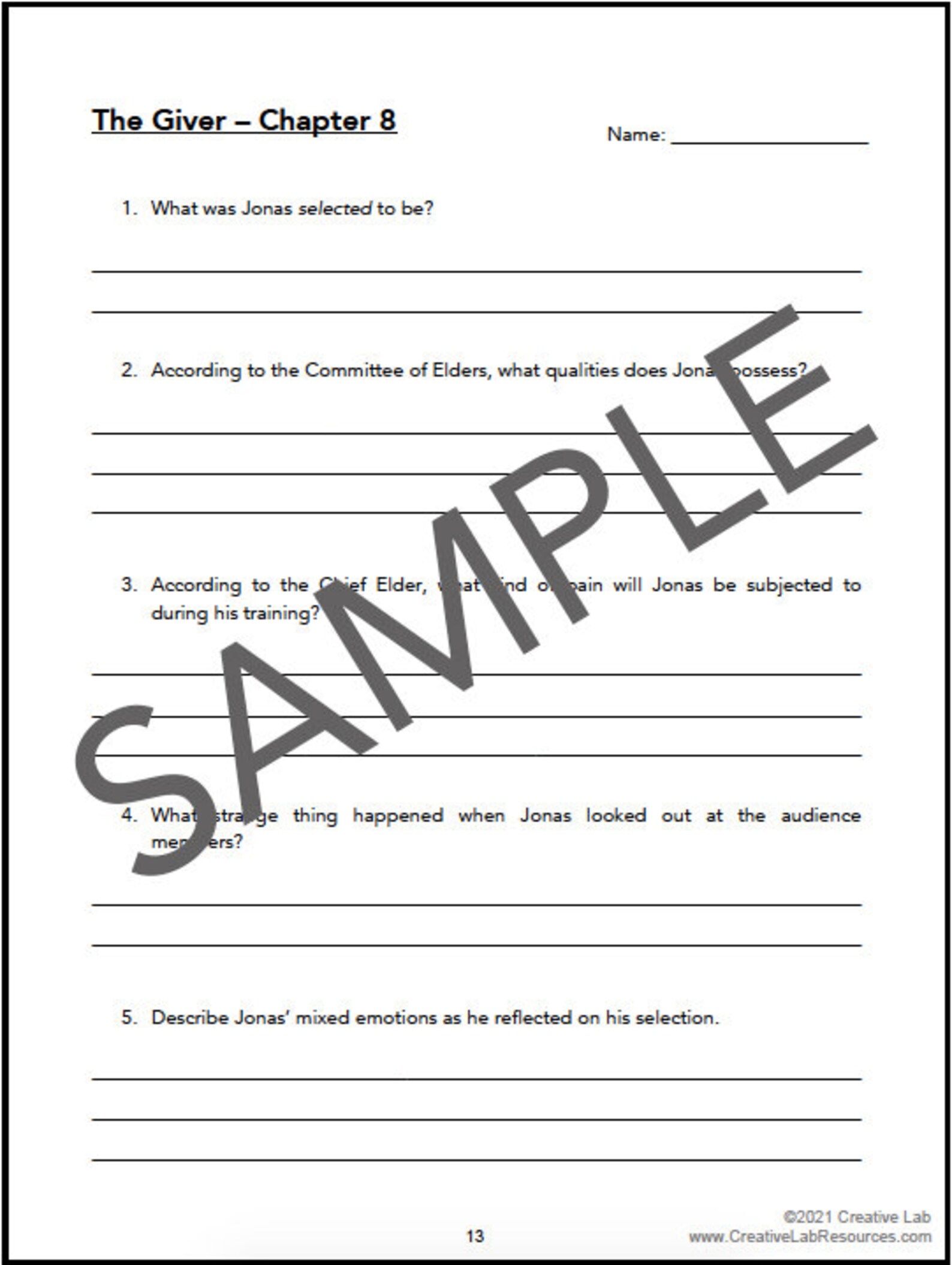 THE GIVER - Book Chapter Comprehension Questions & Answers // Printable ...