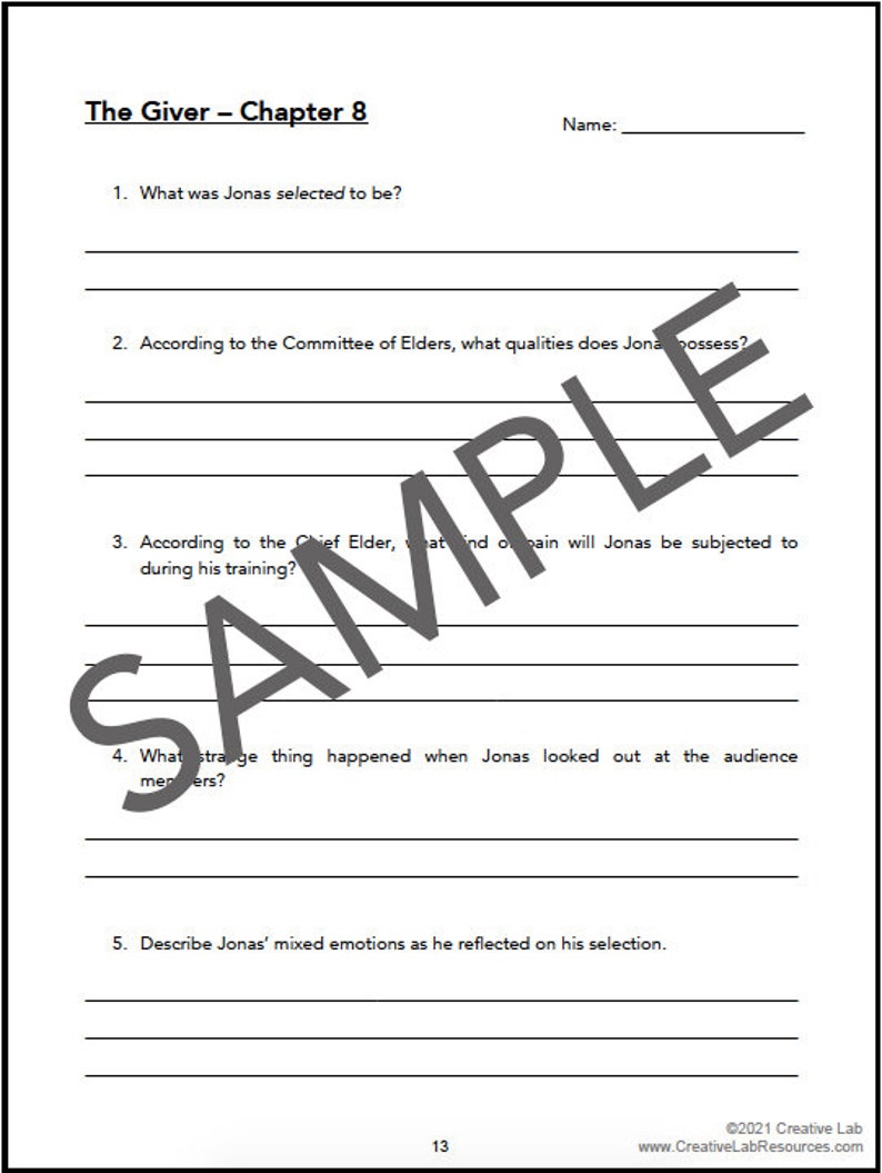 THE GIVER - Book Chapter Comprehension Questions & Answers // Printable ...