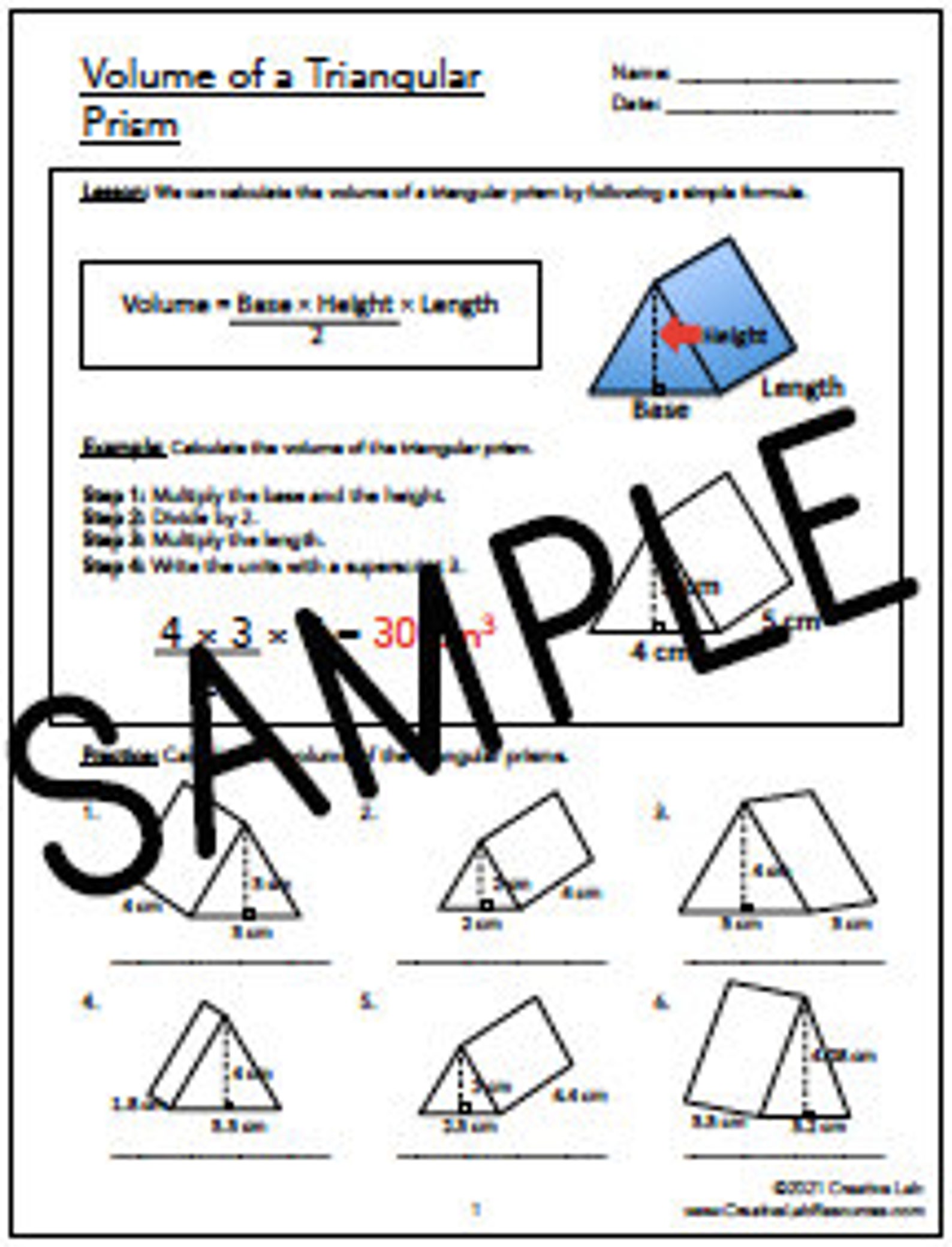 Volume of Triangular Prisms Lesson & Practice Questions 100% Editable ...