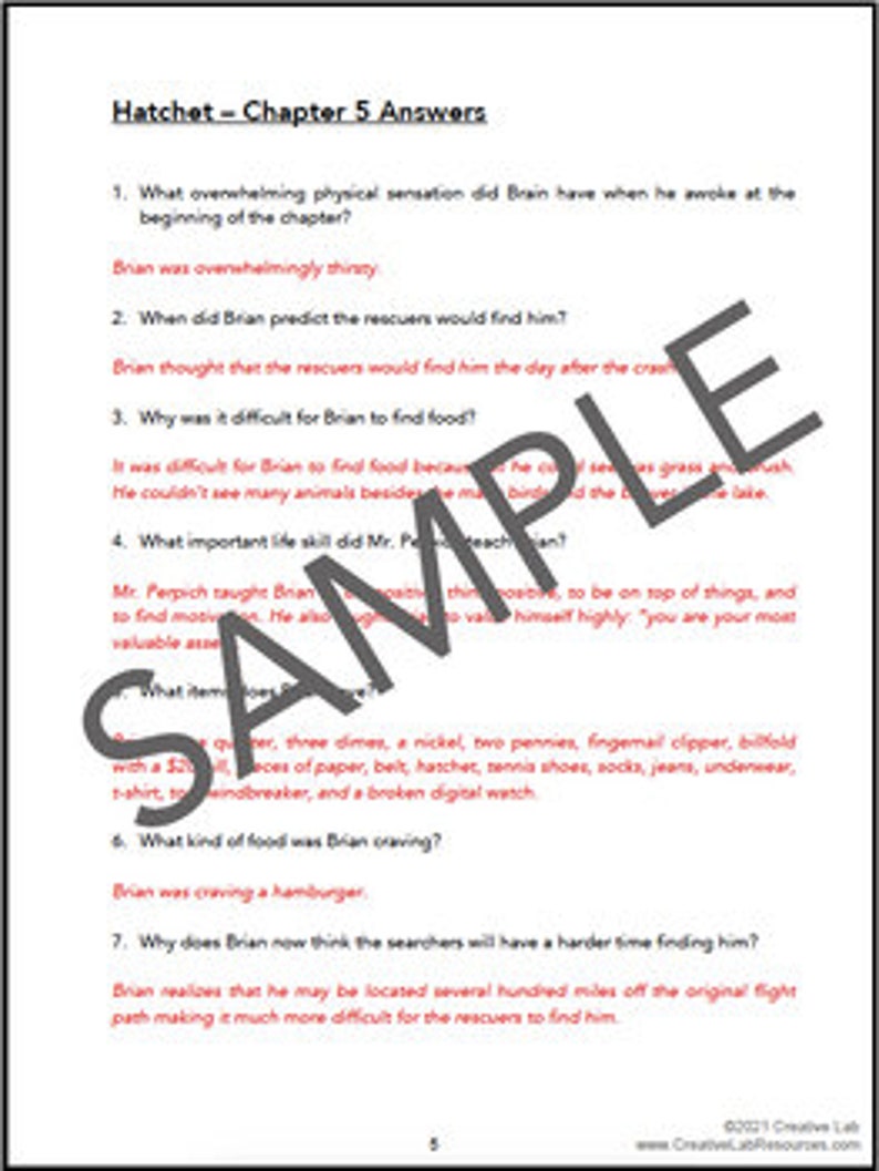 Hatchet - Book Chapter Comprehension Questions & Answers // Printable ...