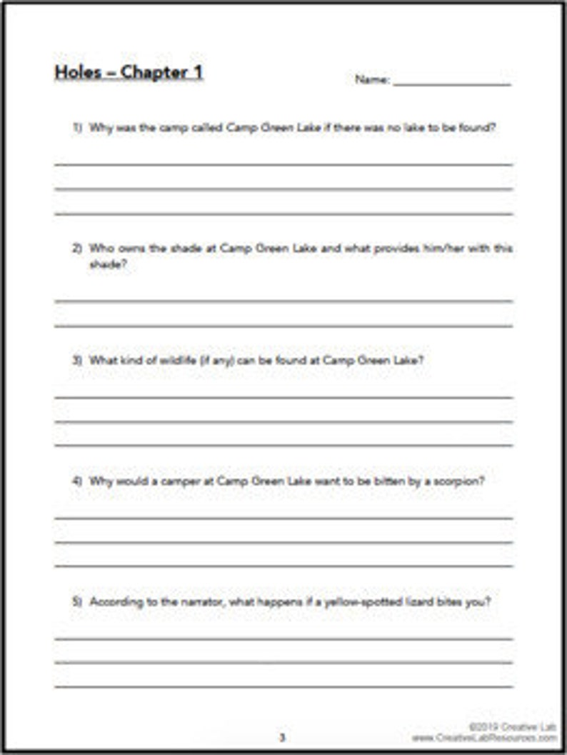 HOLES Book - Chapter Comprehension Questions & Answers - 100% Editable ...