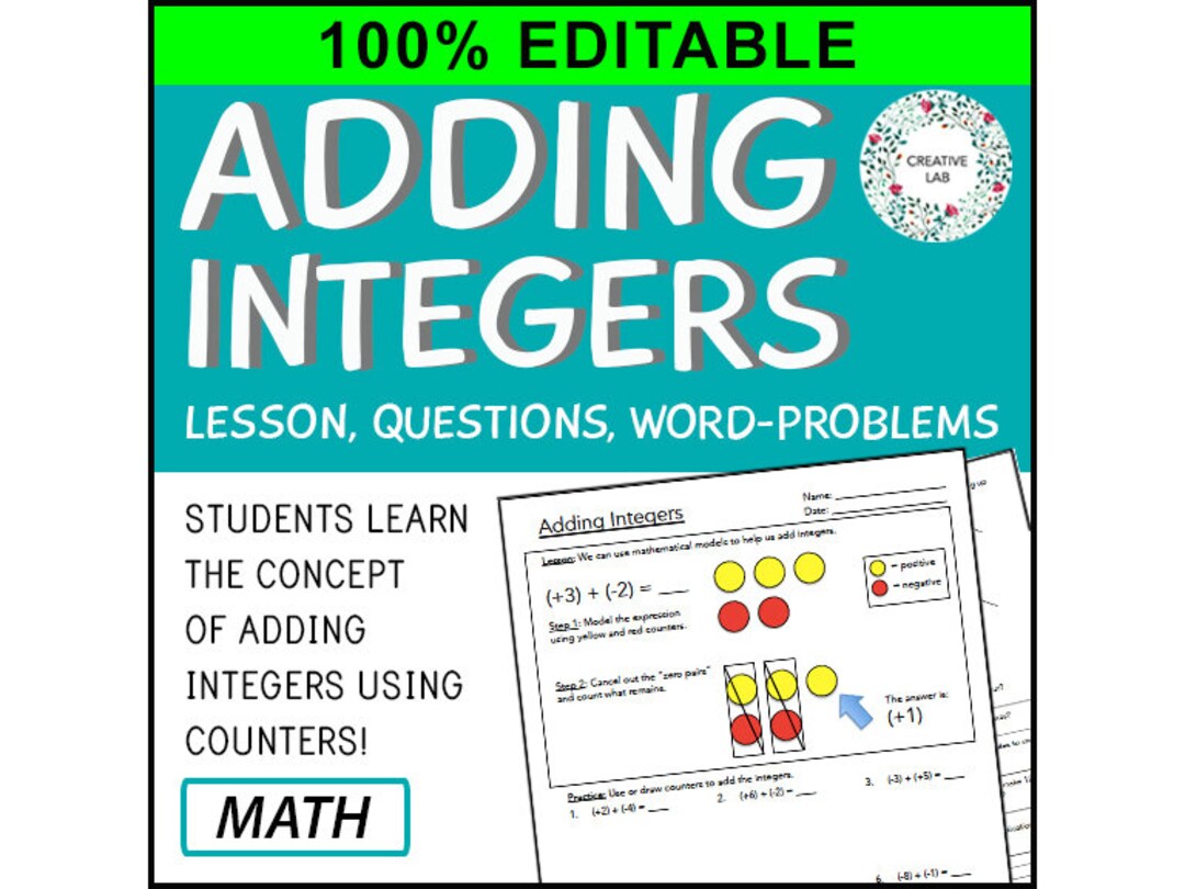 Adding Integers - Lesson & Practice Questions - 100% Editable ...