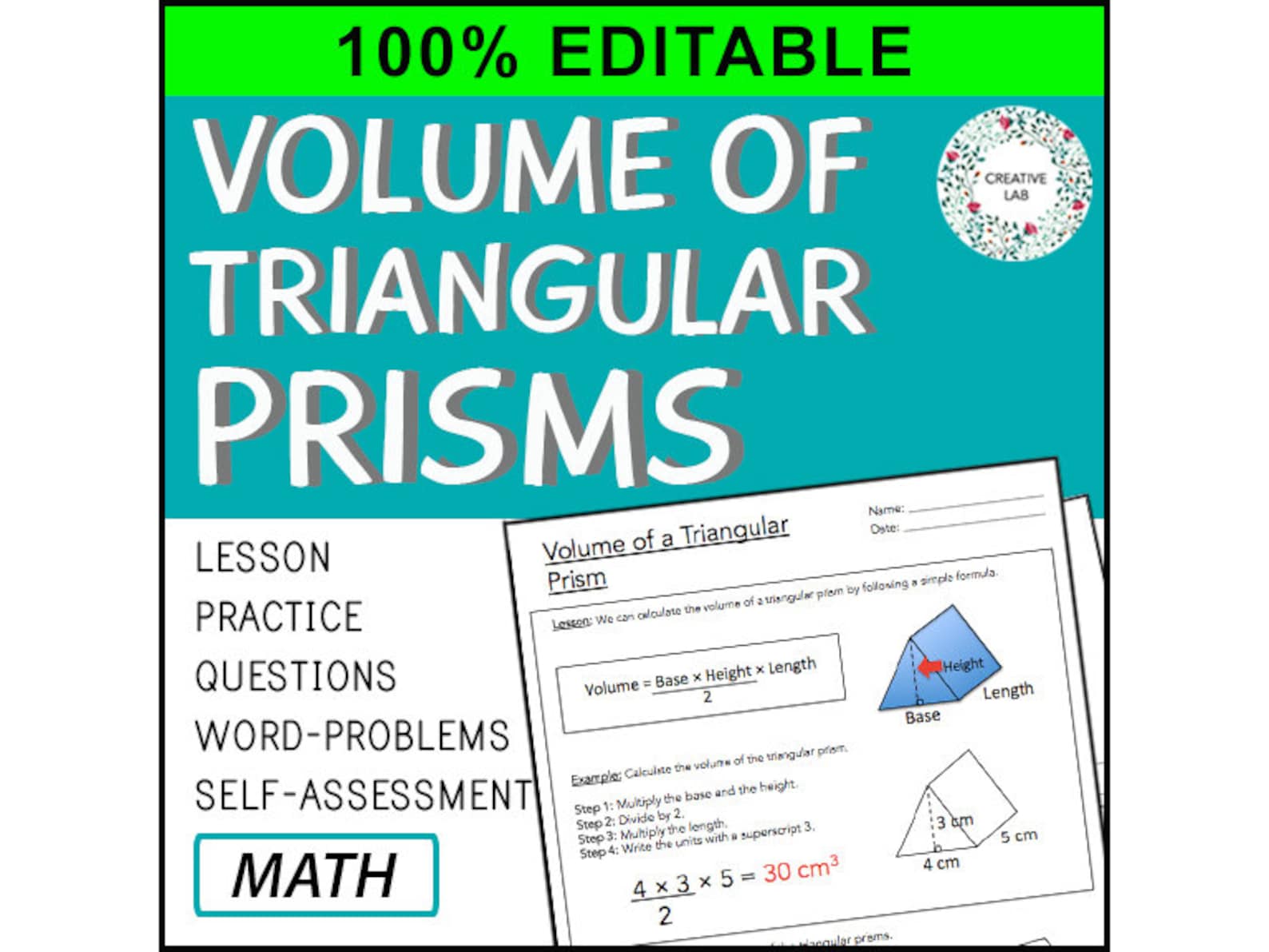 Volume of Triangular Prisms Lesson & Practice Questions 100% Editable ...