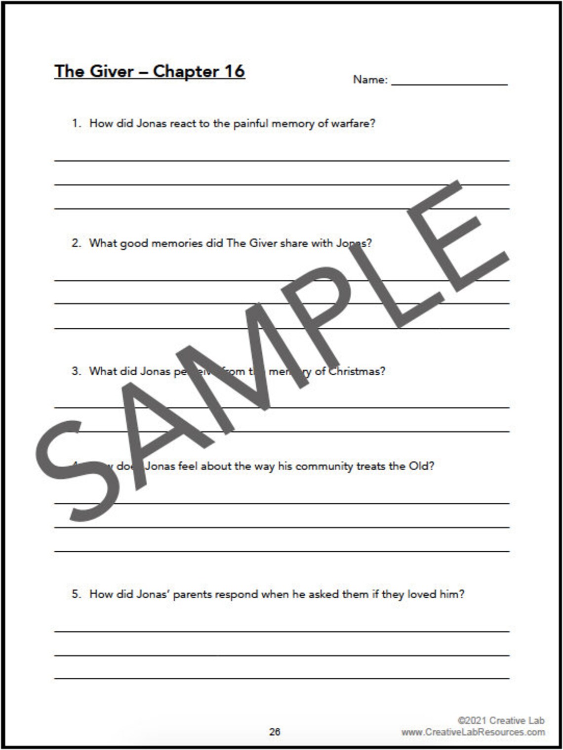 THE GIVER - Book Chapter Comprehension Questions & Answers // Printable ...