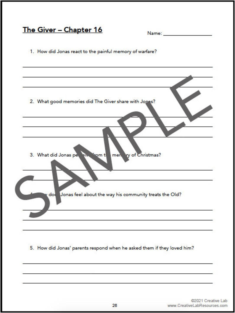 THE GIVER - Book Chapter Comprehension Questions & Answers // Printable ...