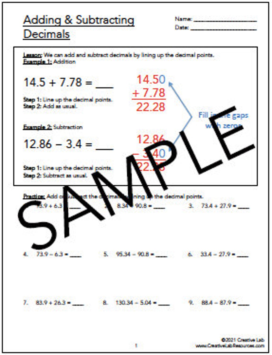 Adding and Subtracting Decimals - Lesson and Practice Questions ...