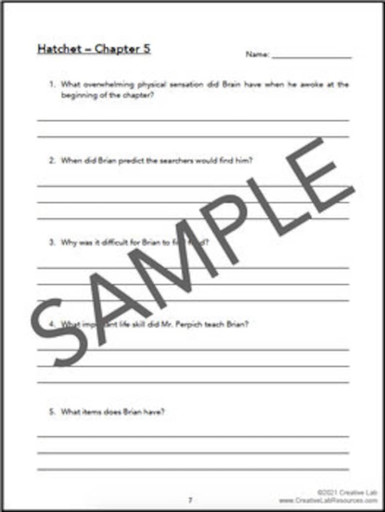 Hatchet - Book Chapter Comprehension Questions & Answers // Printable ...