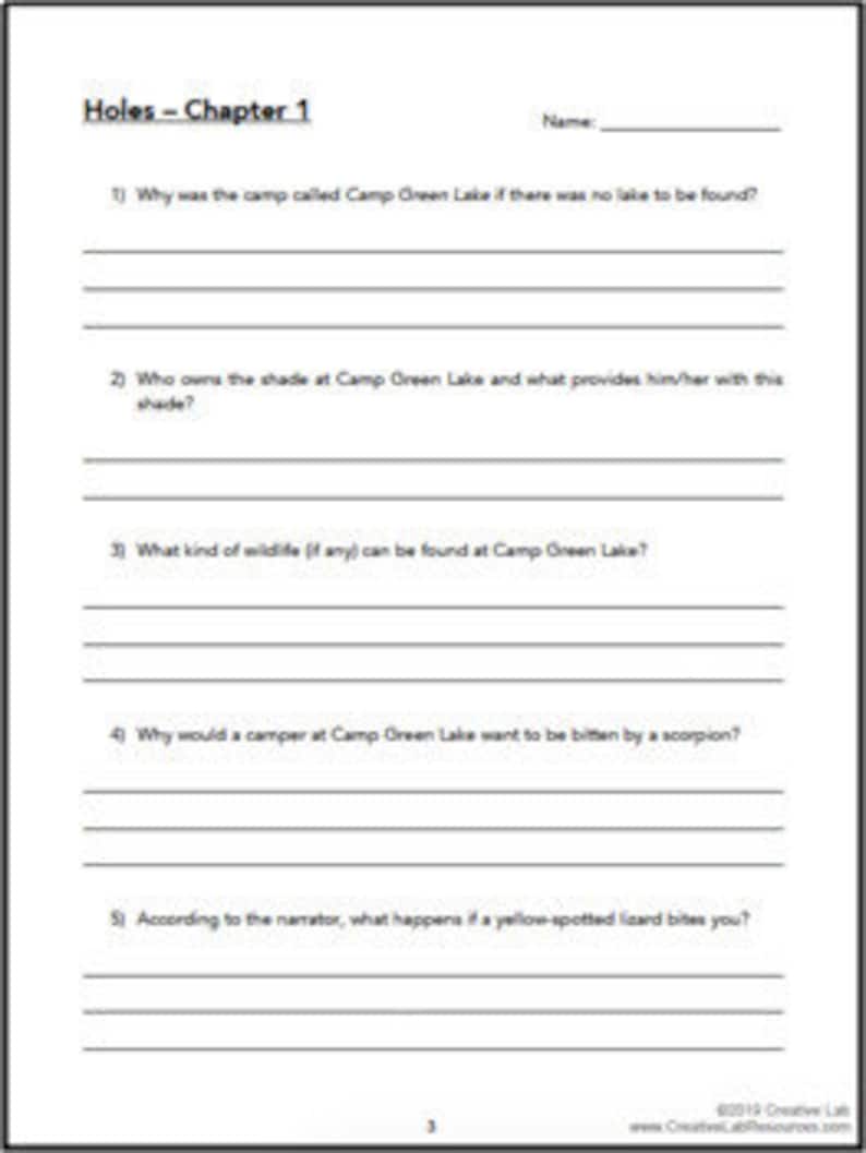 HOLES - Book Chapter Comprehension Questions & Answers // Printable ...