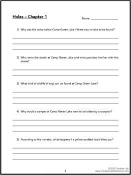 HOLES - Book Chapter Comprehension Questions & Answers // Printable ...