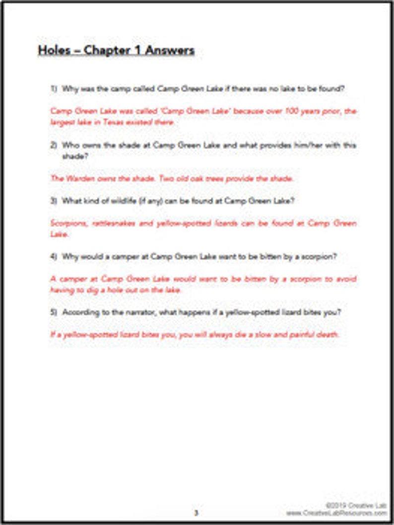 HOLES - Book Chapter Comprehension Questions & Answers // Printable ...