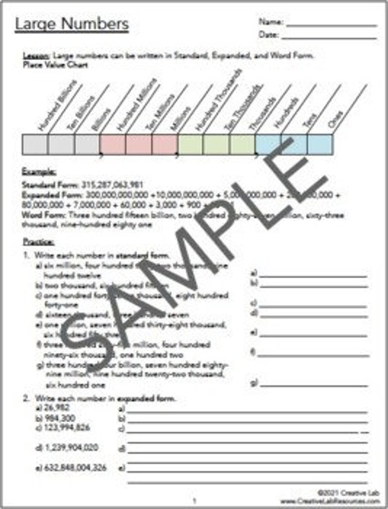 Place Value to Billions - Worksheets - Etsy