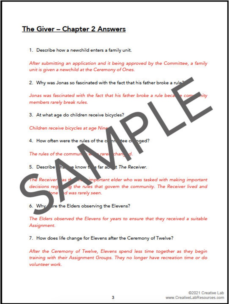 THE GIVER - Book Chapter Comprehension Questions & Answers // Printable ...