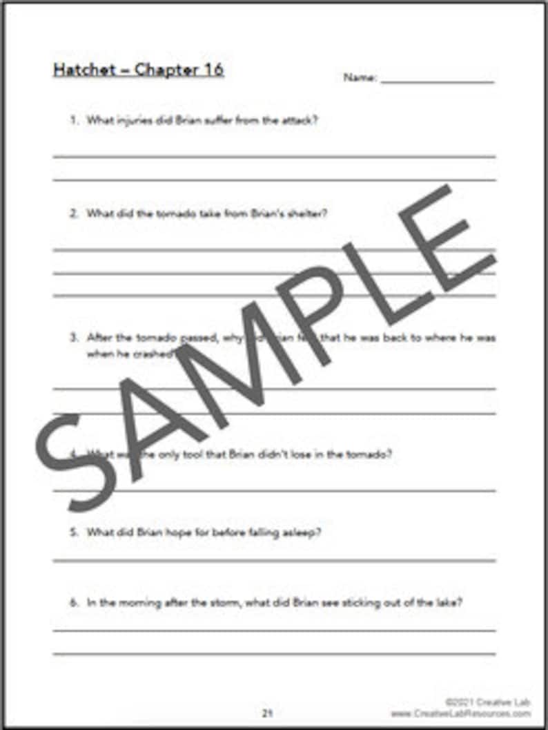 Hatchet - Book Chapter Comprehension Questions & Answers // Printable ...
