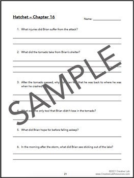 Hatchet - Book Chapter Comprehension Questions & Answers // Printable ...