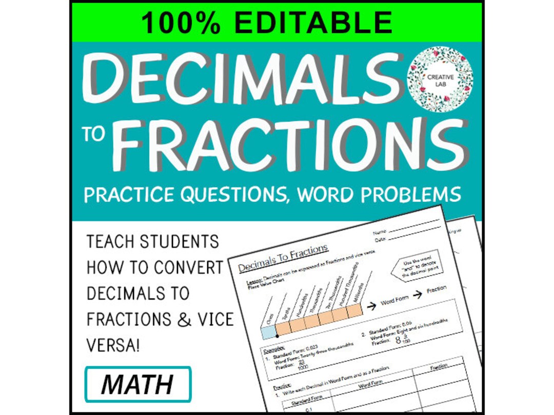 Math Decimals to Fractions - Mixed Numbers - 100% Editable // Printable ...