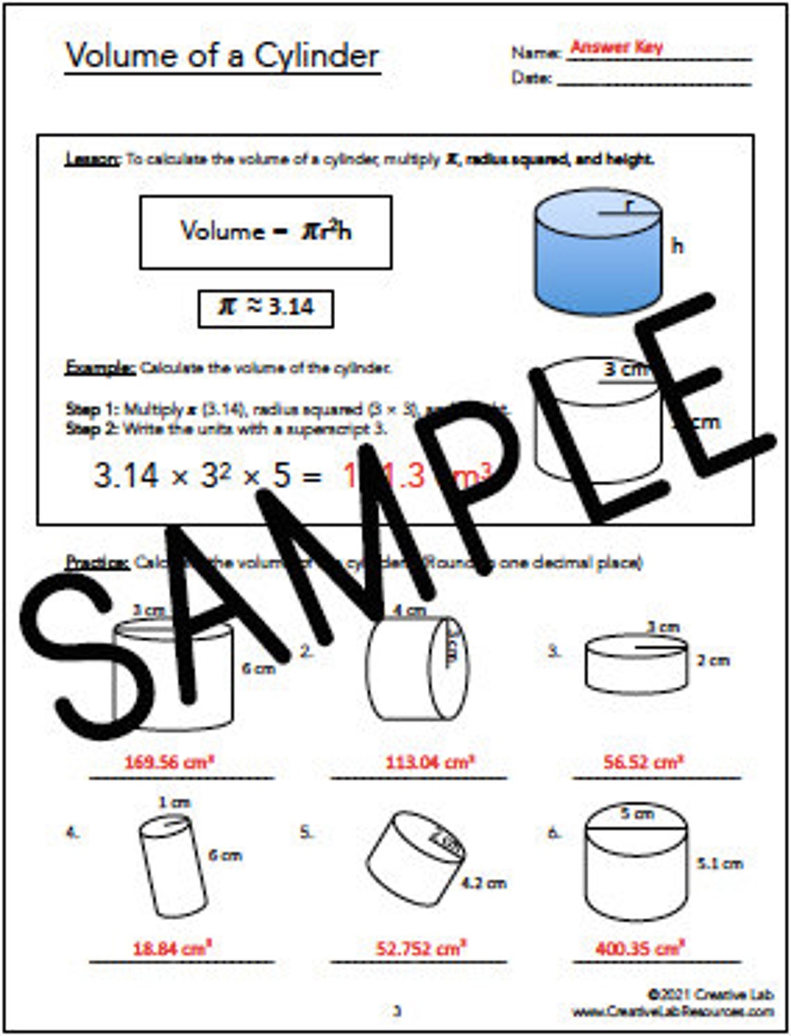 Volume of Cylinders - Lesson & Practice Questions // Printable Teaching ...