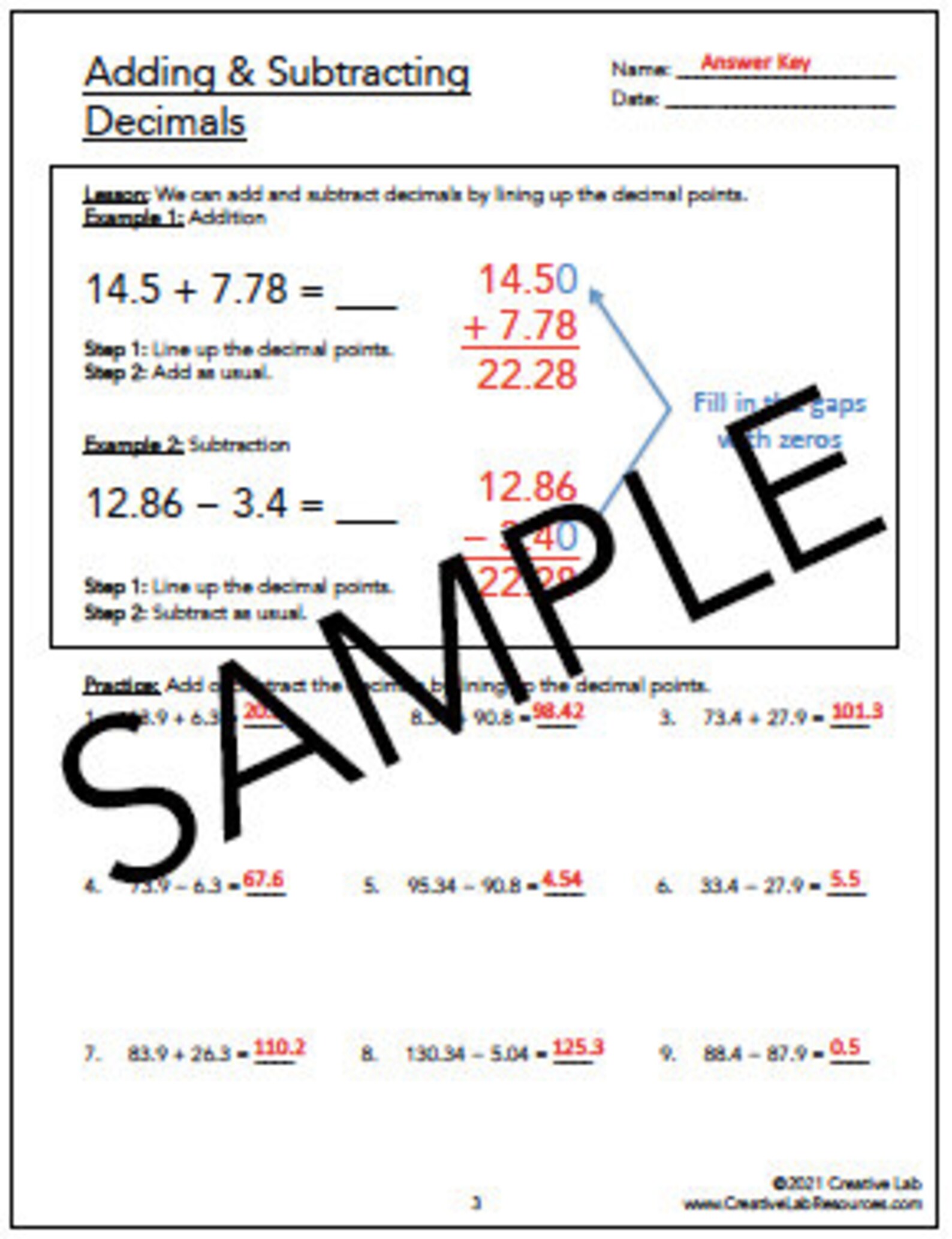 Adding and Subtracting Decimals - Lesson and Practice Questions ...