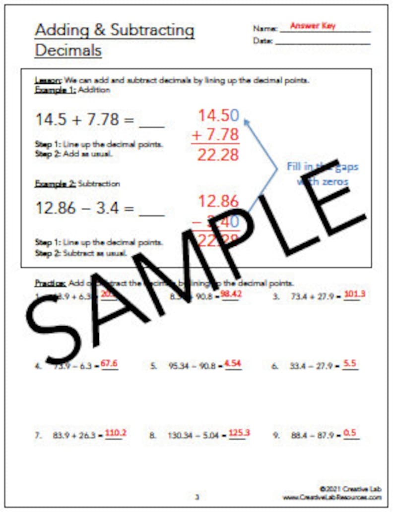 Adding and Subtracting Decimals - Lesson and Practice Questions ...